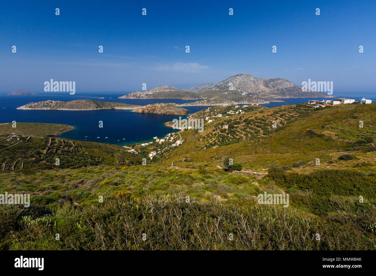 Kampi village on Fourni island and view of Thymaina island, Greece ...