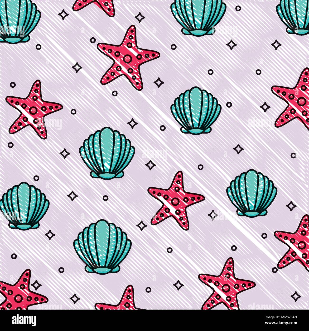 background of seashell and sea stars pattern, vector illustration Stock ...