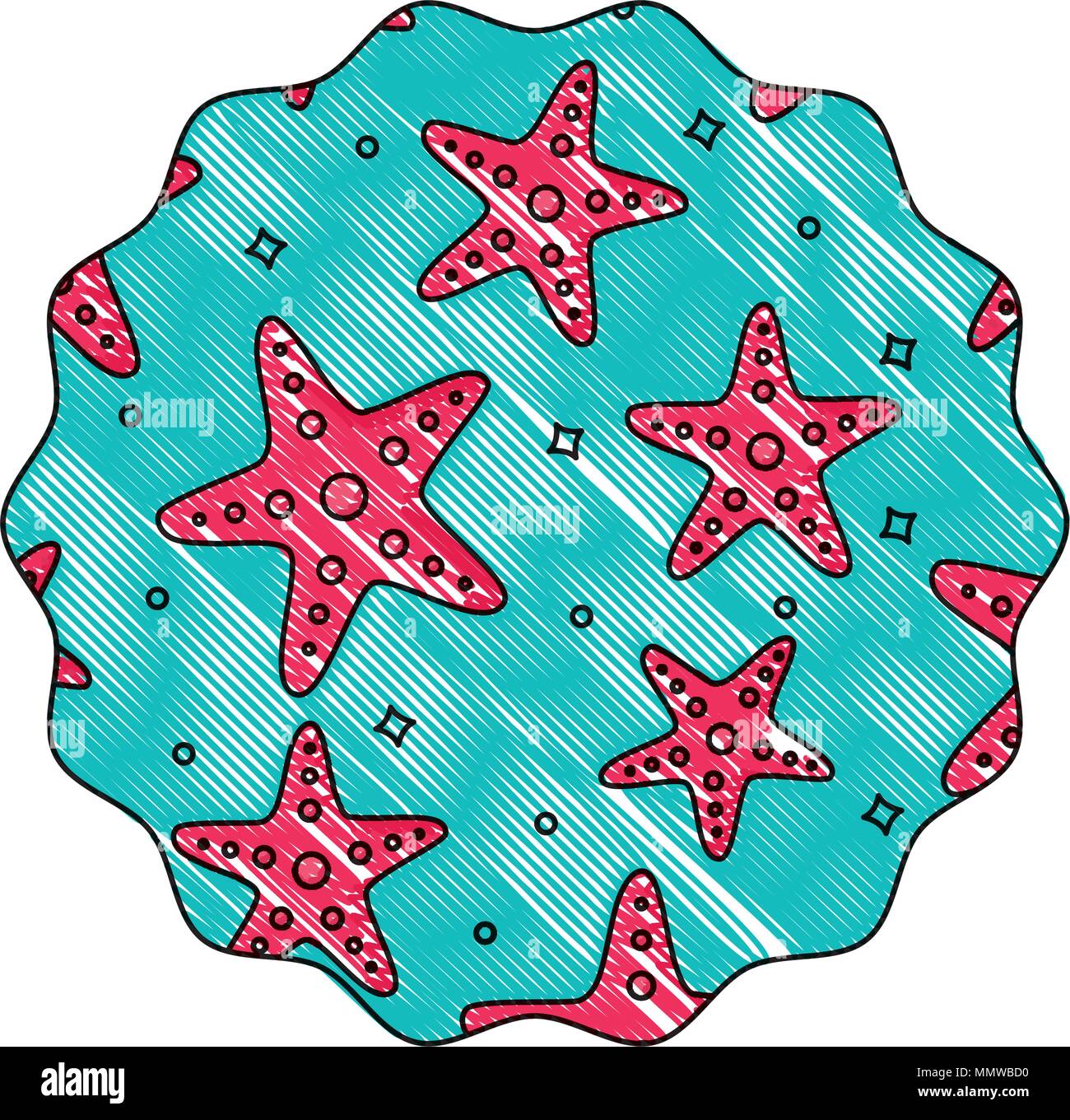 circular frame with sea stars pattern over white background, vector ...