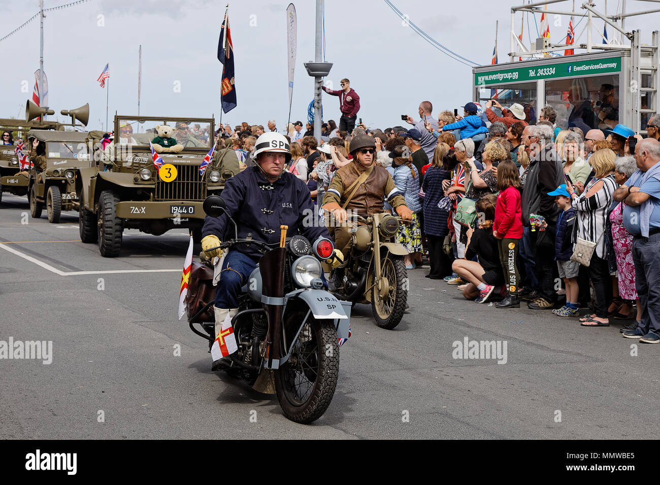 US Navy Shore Patrolman riding a Harley Davidson 42WLA at the Guernsey ...