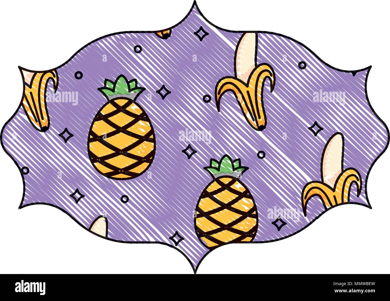 arabic frame with pineapples and bananas pattern over white background ...