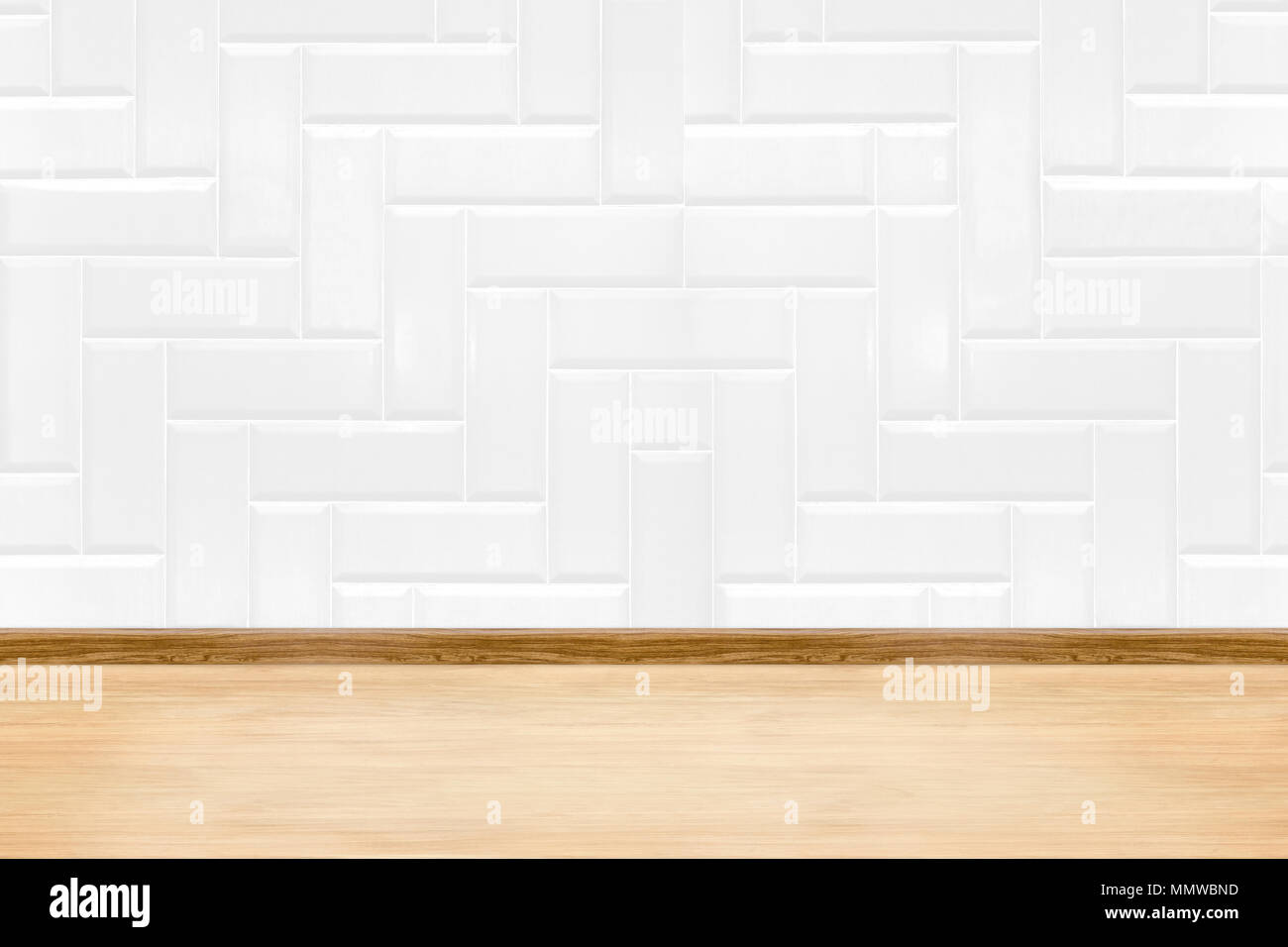 Empty white clean ceramic tile wall and wood floor background,Minimal ...