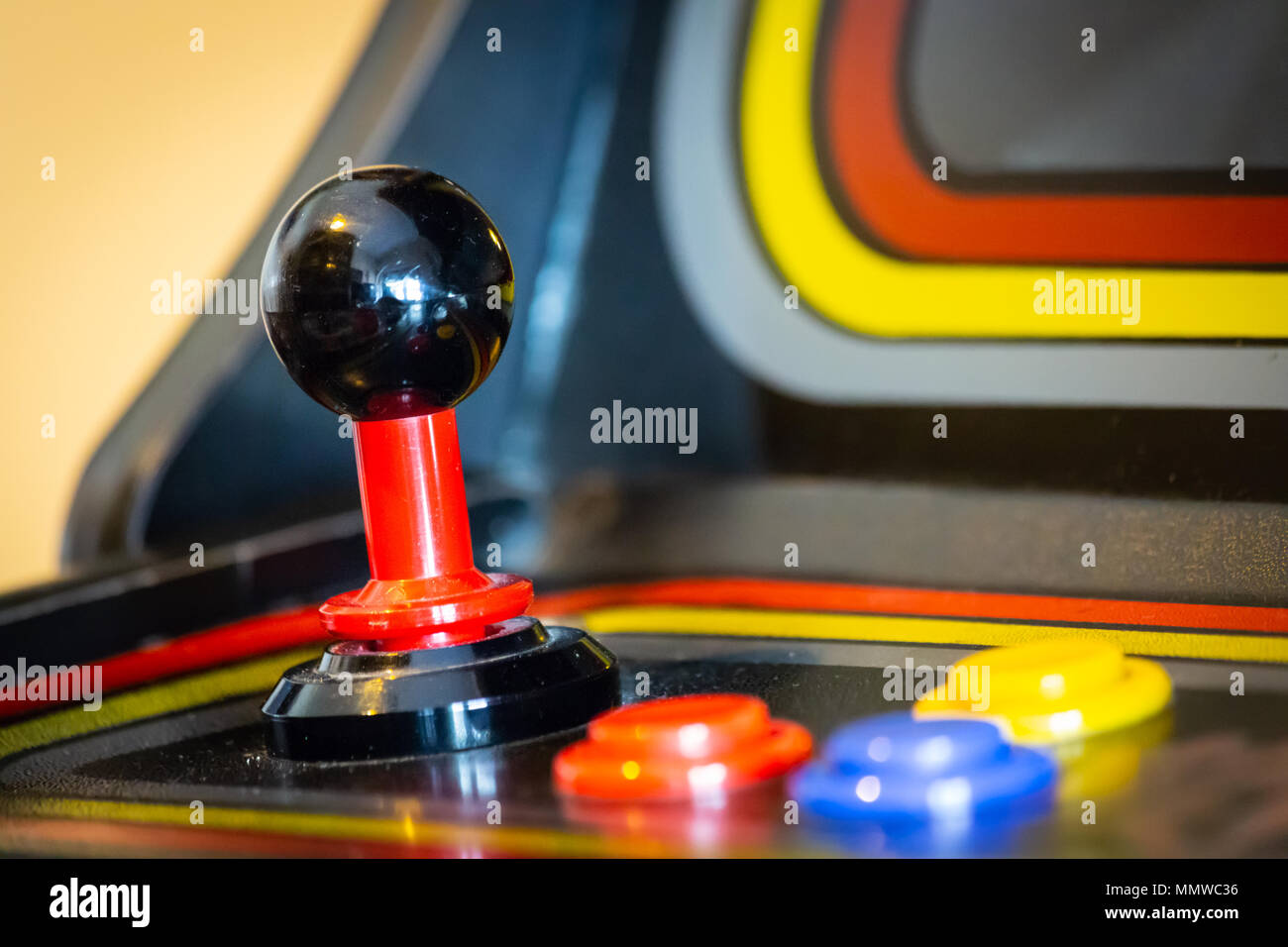 Joystick of a vintage arcade videogame - Coin-Op Stock Photo - Alamy