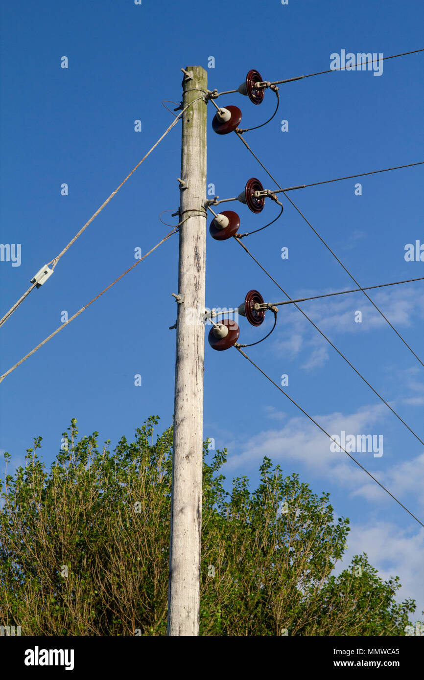 Three above ground power lines mounted on a wooden pole Stock Photo - Alamy