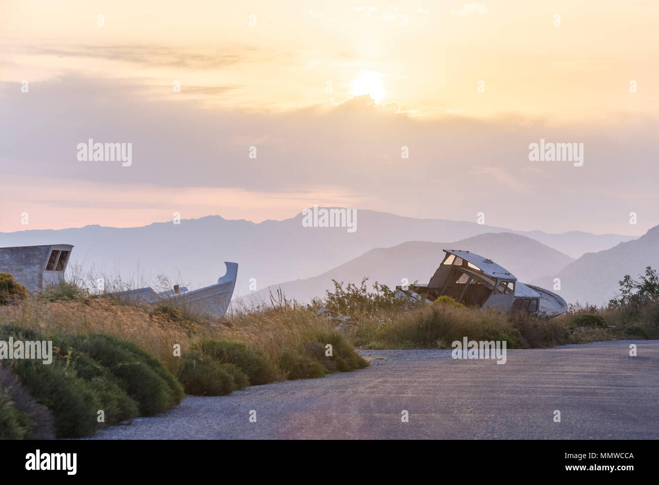 Old abandoned boats in the rural landscape of Fourni island in Greece ...