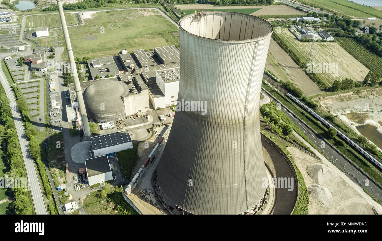 Drone aerial view of the Decommissioned nuclear power plant Muelheim ...