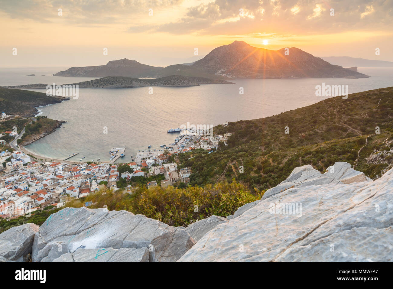 Fourni town and Thymaina island as seen from acropolis at sunset ...