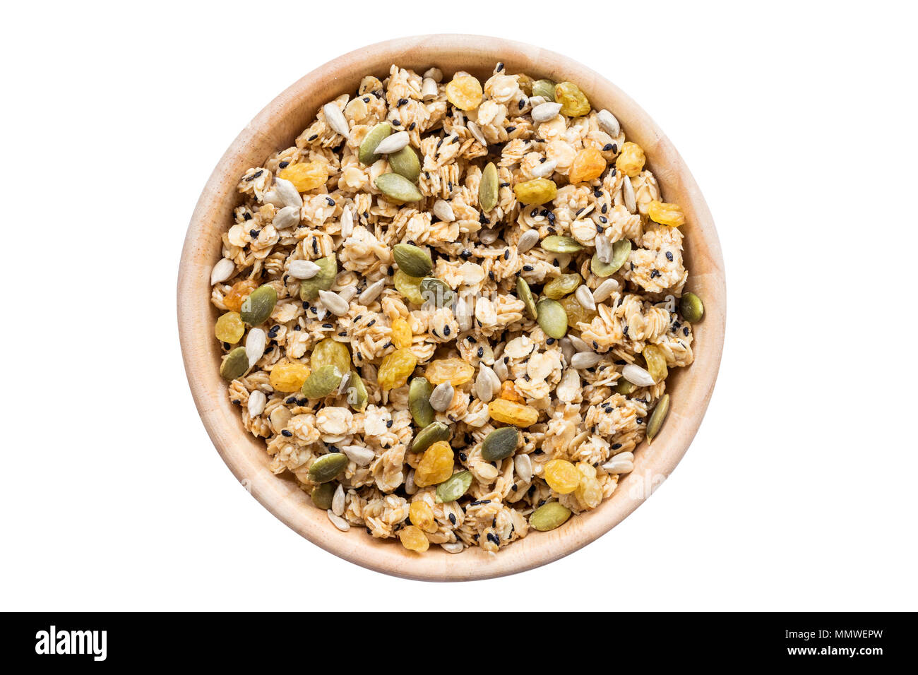 Close up top view granola in the bowl on isolated with clipping path ...