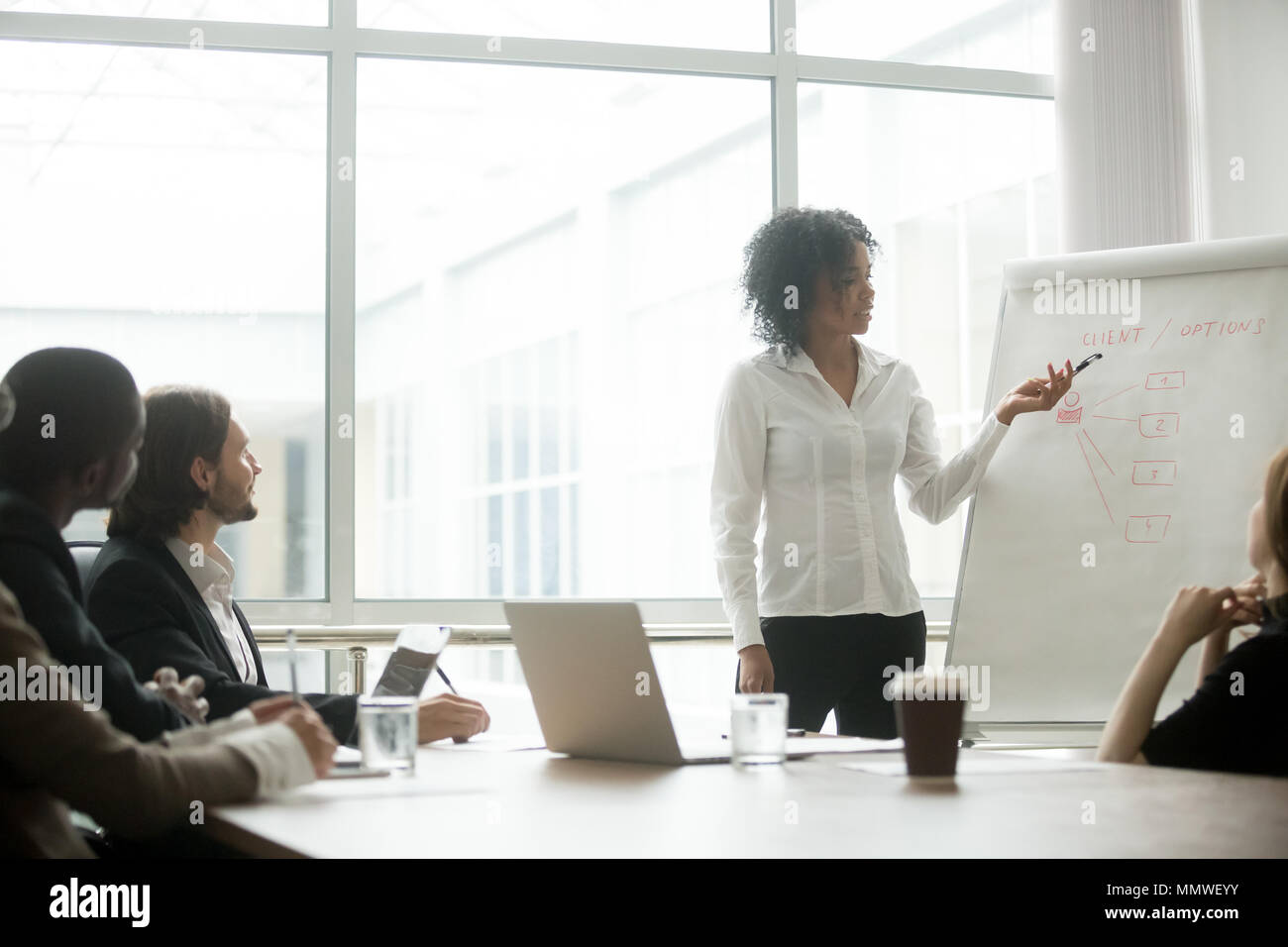 Black businesswoman presenting new client management strategy at Stock ...