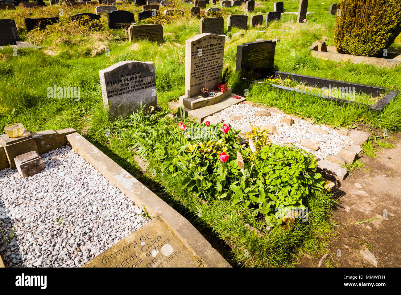 Sylvia Plath's grave in the graveyard of St Thomas The Apostle church in Heptonstall, Calderdale ...