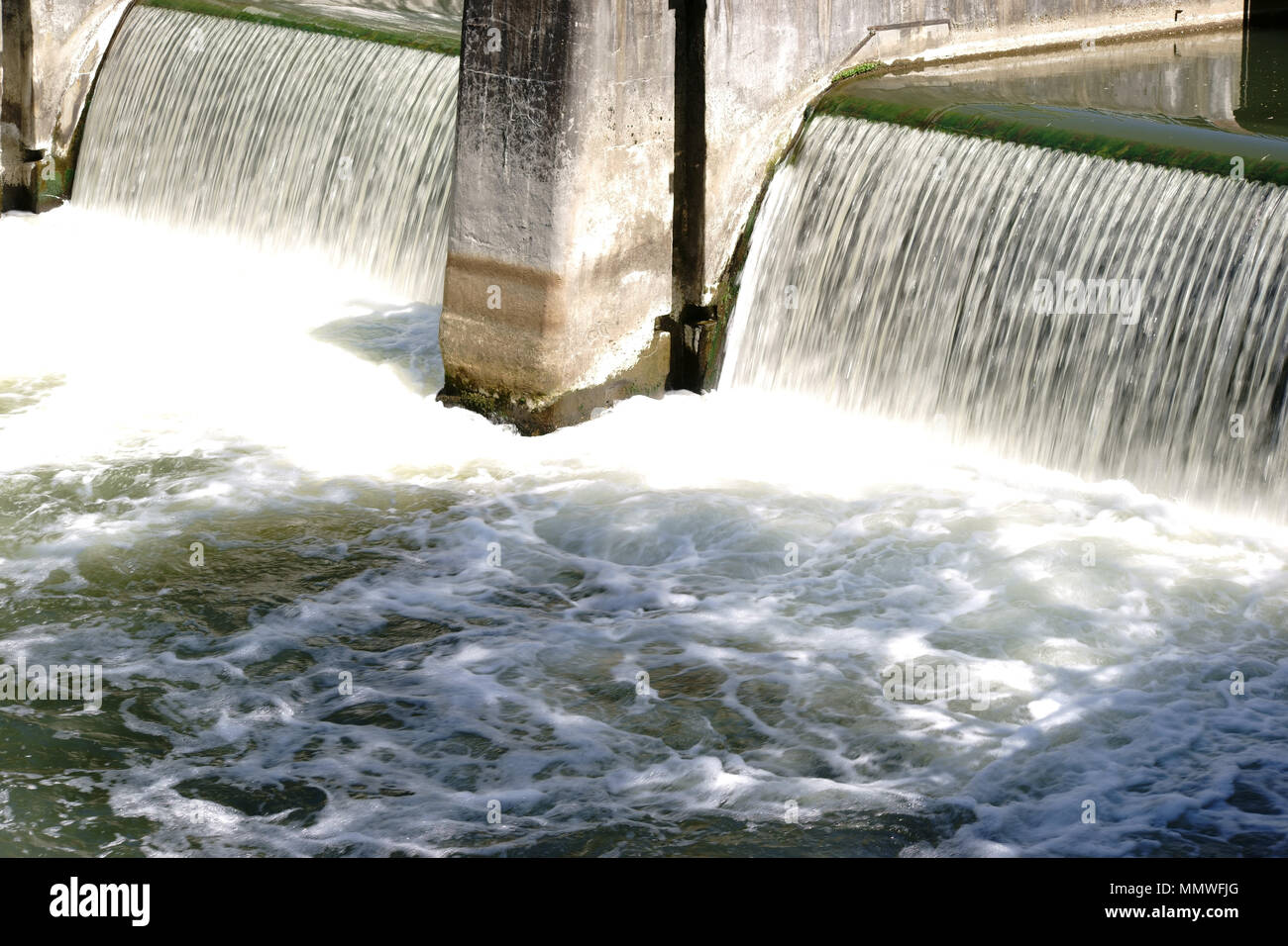 An open river sluice or barrage with waterfall-like flow Stock Photo ...