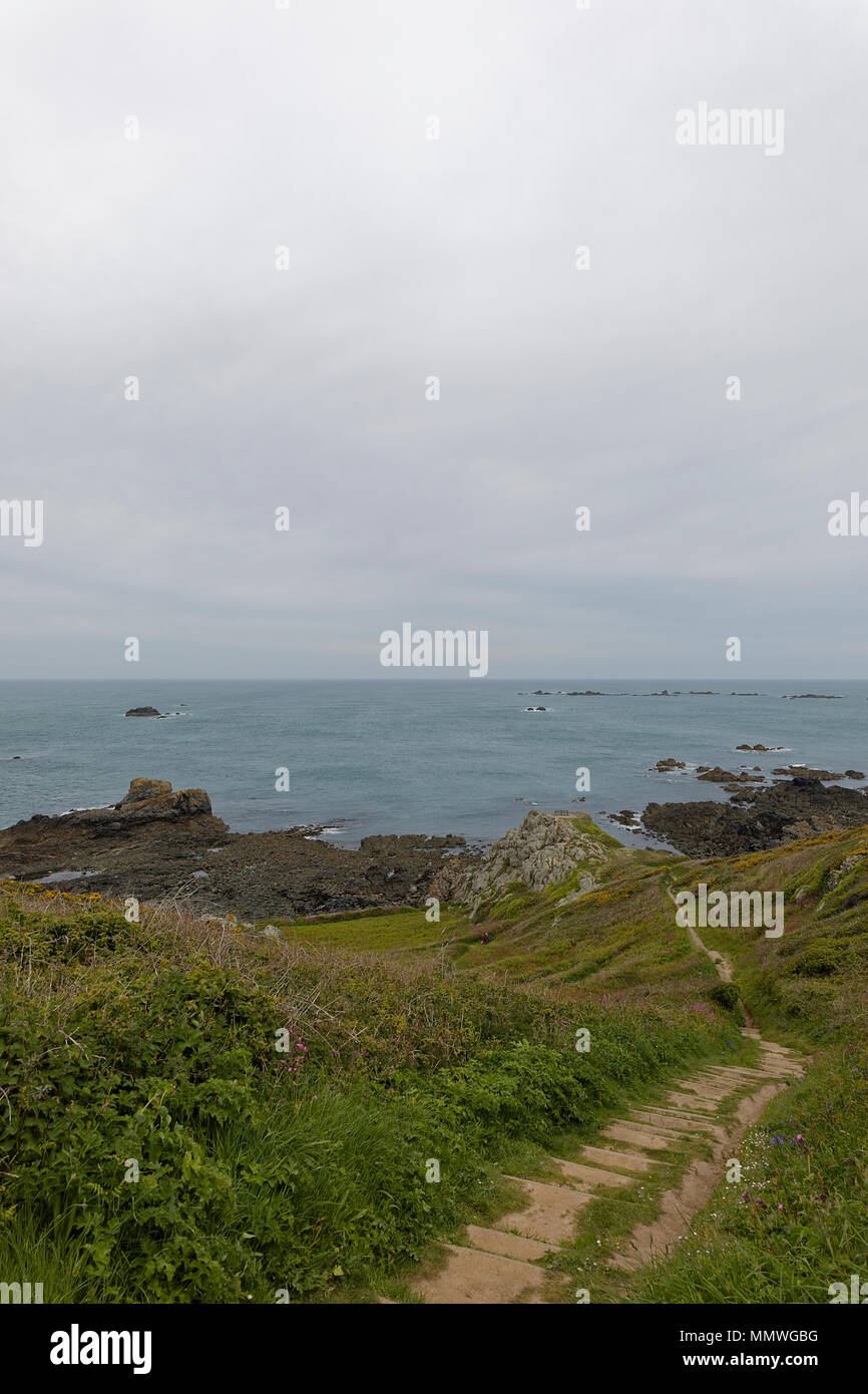 Steps on the Pleinmont Headland coastal path & cliff walk Stock Photo ...