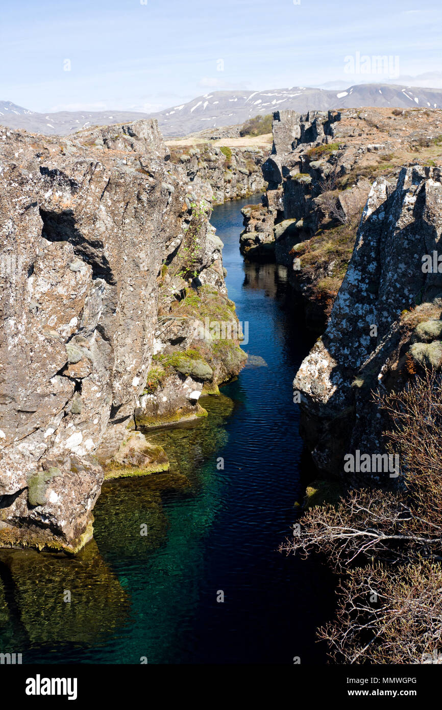 View from the bridge into the Nikulasargja gorge in Thingvellir ...