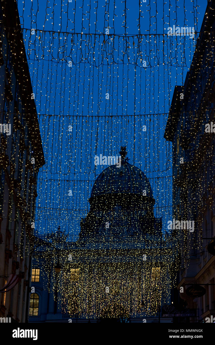 Kohlmarkt street on early winter evening, blue hour, with contrasting ...