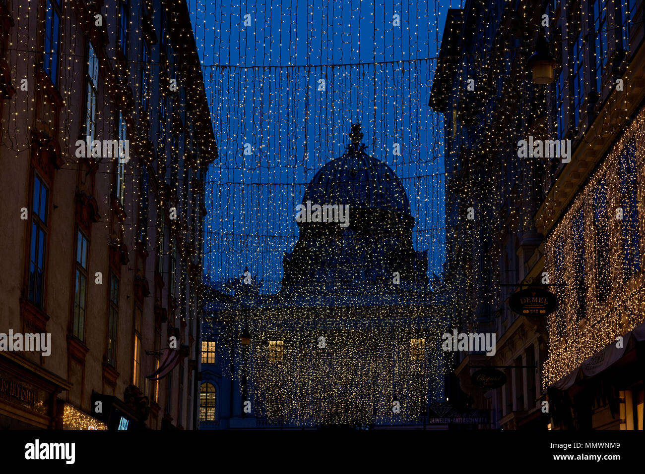 Kohlmarkt street on early winter evening, blue hour, with contrasting ...