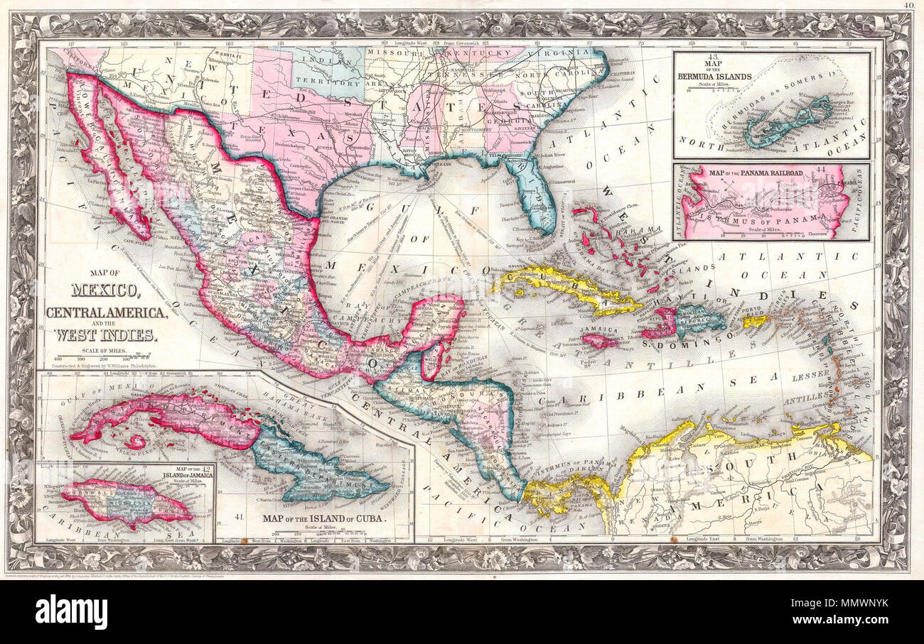 . English: A fine example of Mitchell’s 1864 map of Mexico, Central ...