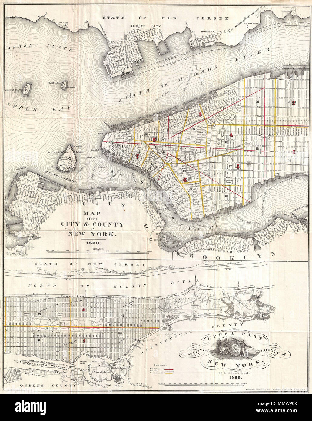 . English: An attractive map of New York City issued in 1860 for ...