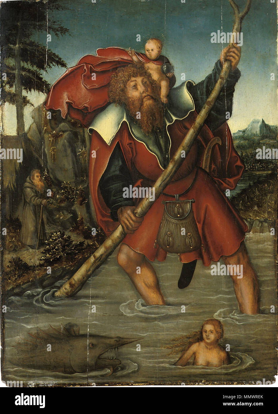 Lucas Cranach d.Ä. (u. Werkst.) - Der heilige Christophorus mit dem Jesuskind überquert einen ...
