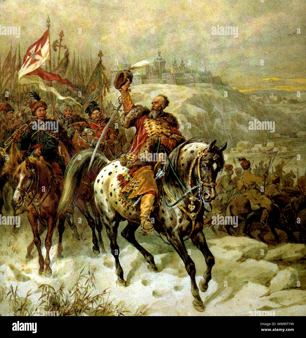 . English: Czarniecki near Płock (1657). Watercolor painting by Juliusz ...