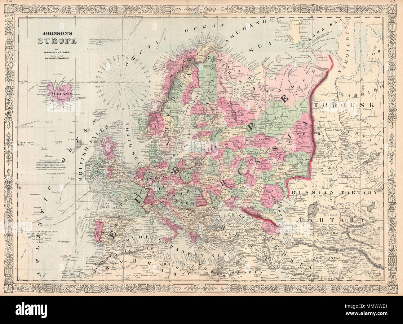 . English: A. J. Johnson’s beautifully hand colored 1864 map of Europe ...