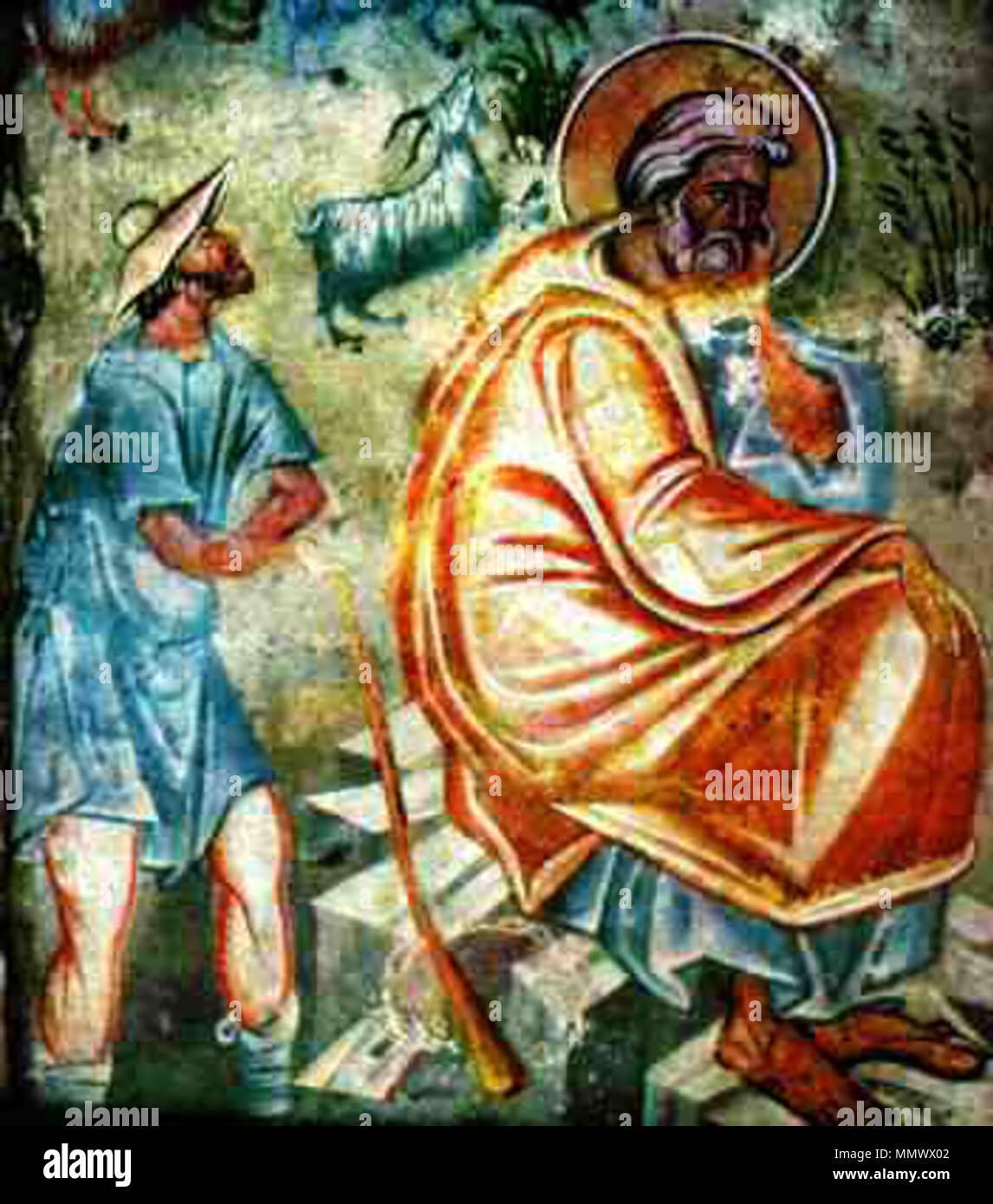 . English: Damian. St. Joseph and a Shepherd. A fresco from Ubisi ...