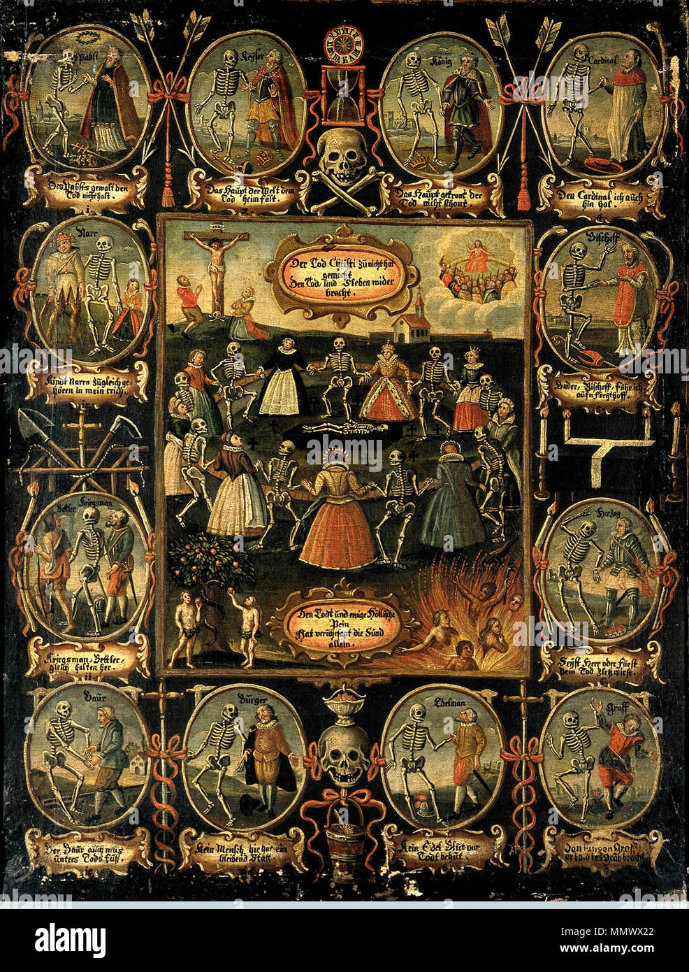 . English: A German painting of the Danse Macabre. Nine women of ...