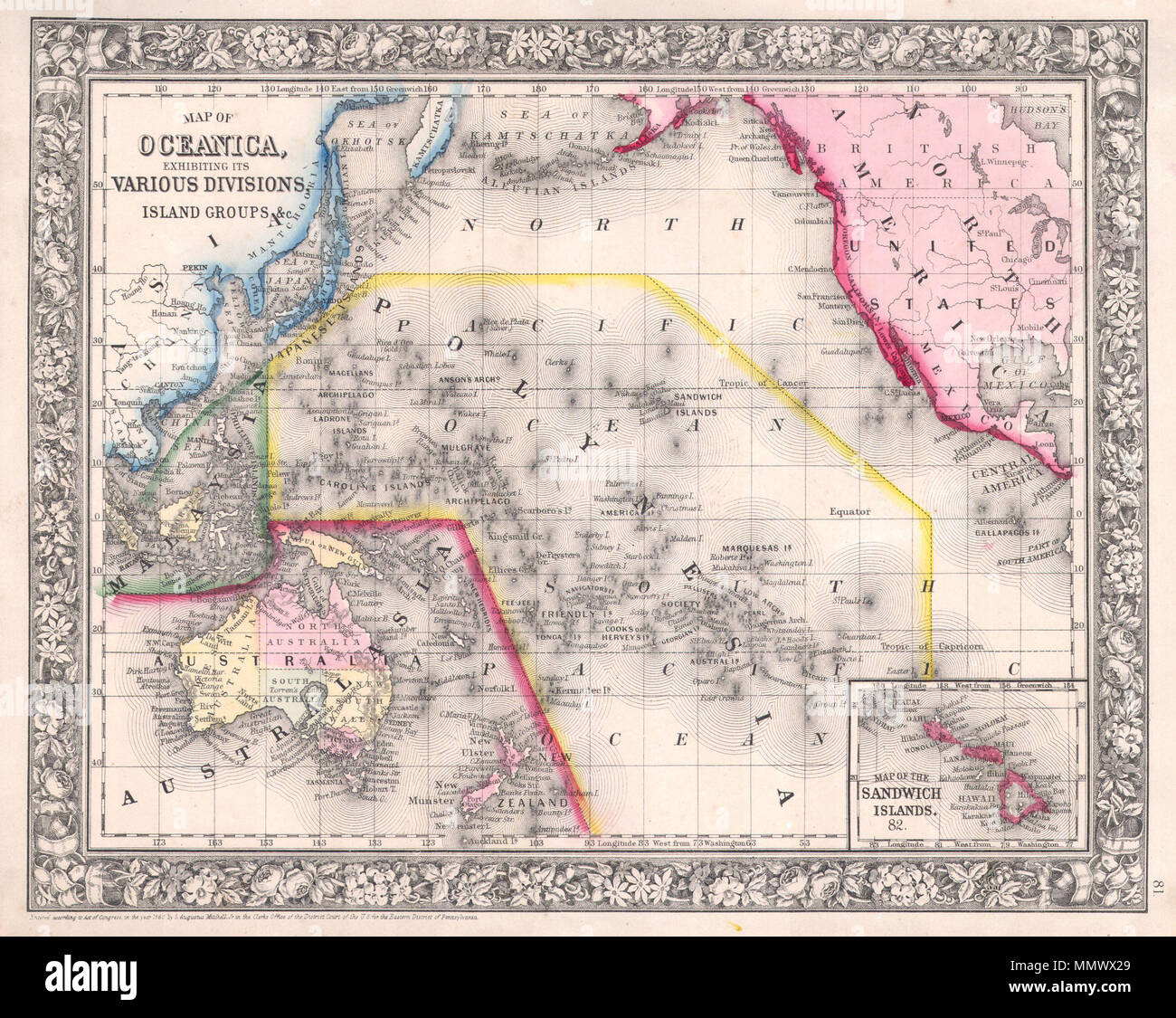 . English: A beautiful example of S. A. Mitchell Jr.’s 1864 map of the Pacific, including ...