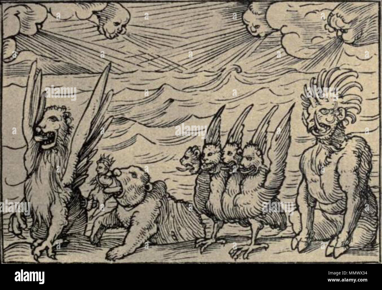 . English: Daniel's vision of the four beasts (Daniel 7). . 16th ...