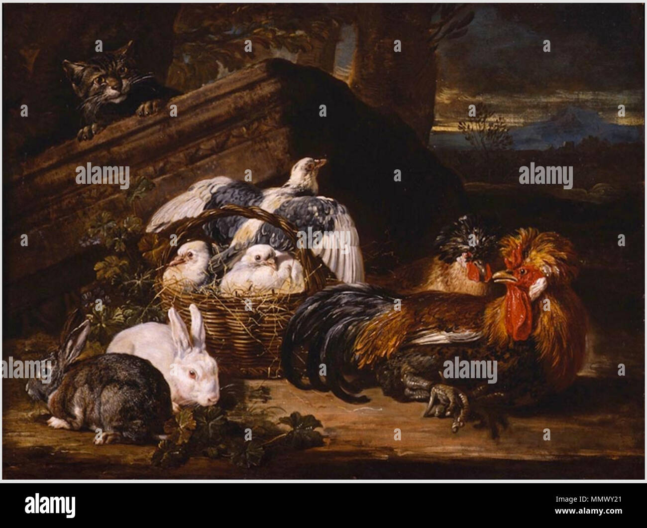 English: Pigeons, rabbits and fowl hunted down by a wild cal . between ...