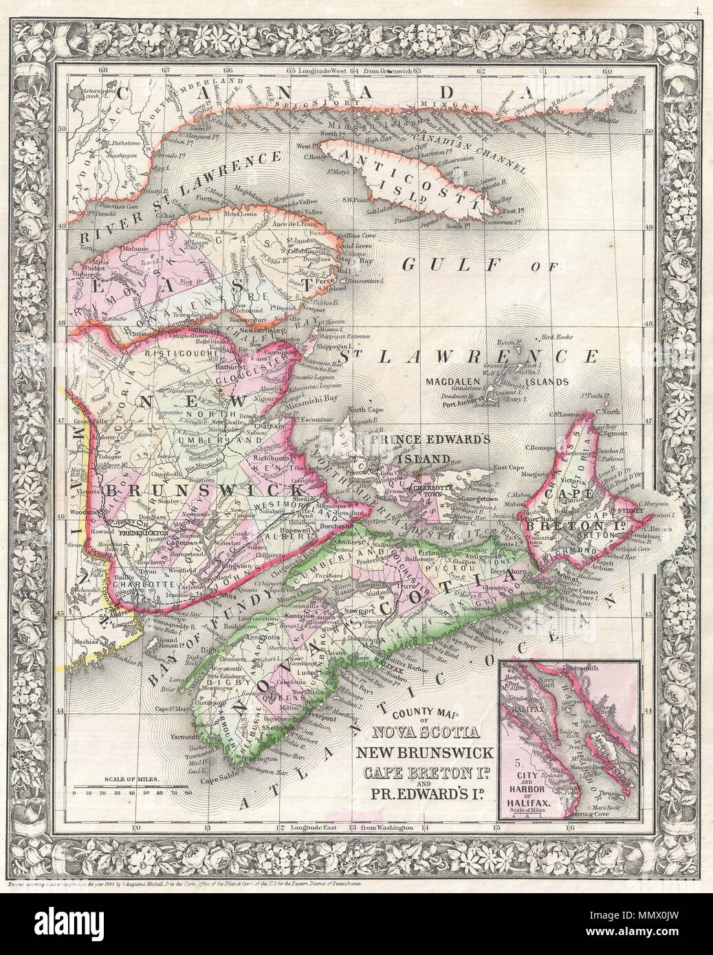 . English: A beautiful example of S. A. Mitchell Jr.’s 1866 map of the Canadian Maritime ...