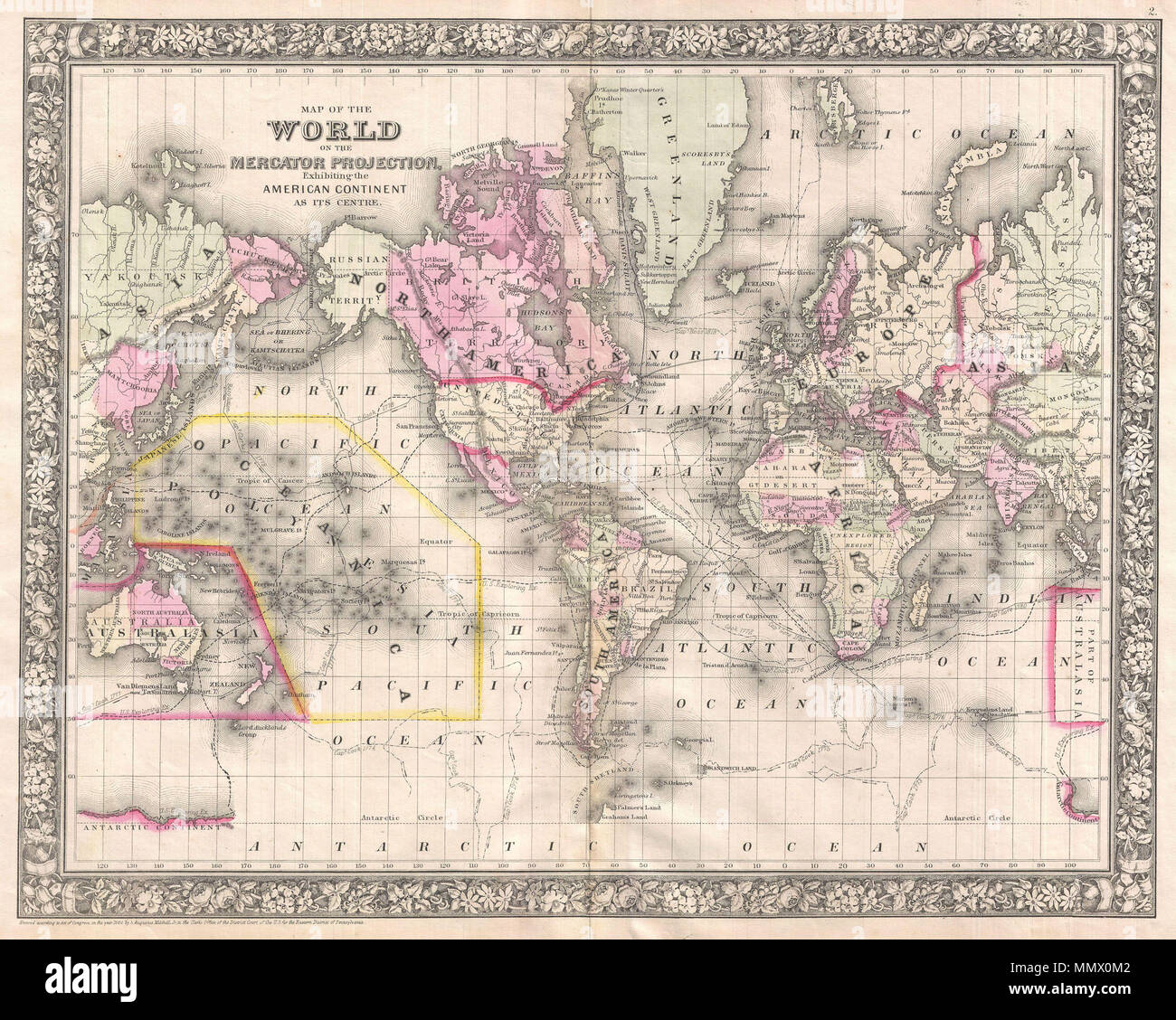 . English: A fine example of Mitchell’s 1866 map of the World on ...
