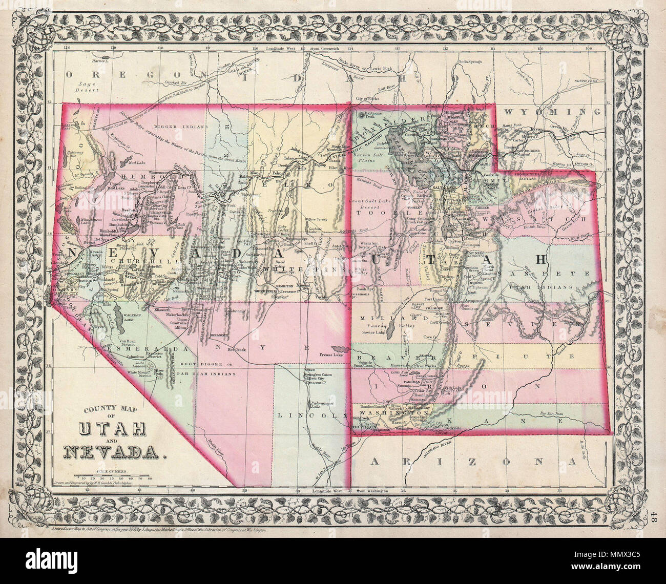 . English: A beautiful example of S. A. Mitchell Jr.’s 1872 map of Utah ...