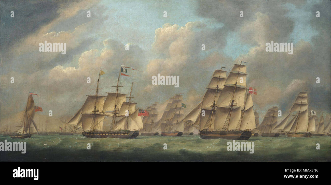 An English frigate escorting a large international merchant convoy ...