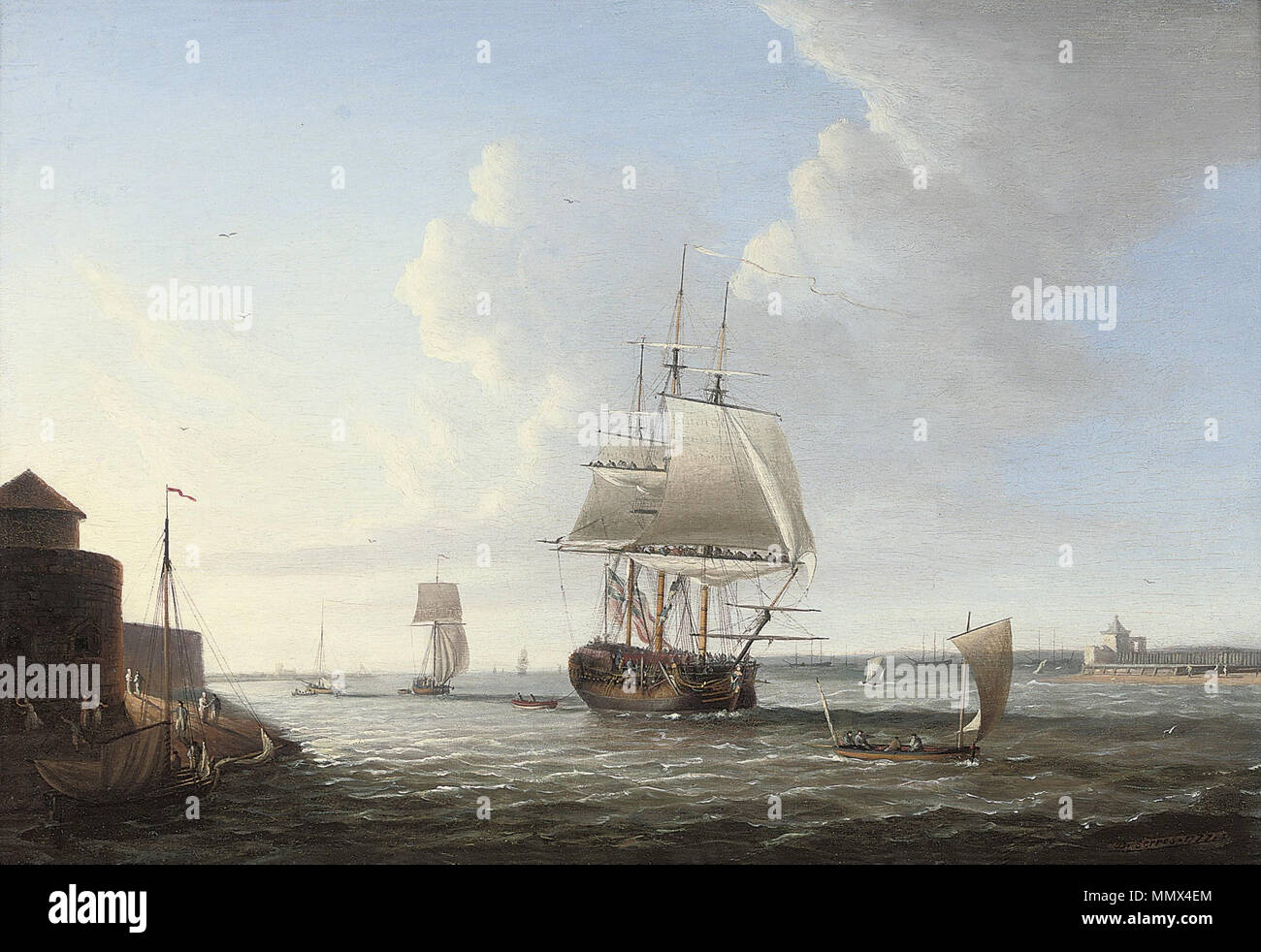 . An English man-o'war shortening sail entering Portsmouth harbour ...