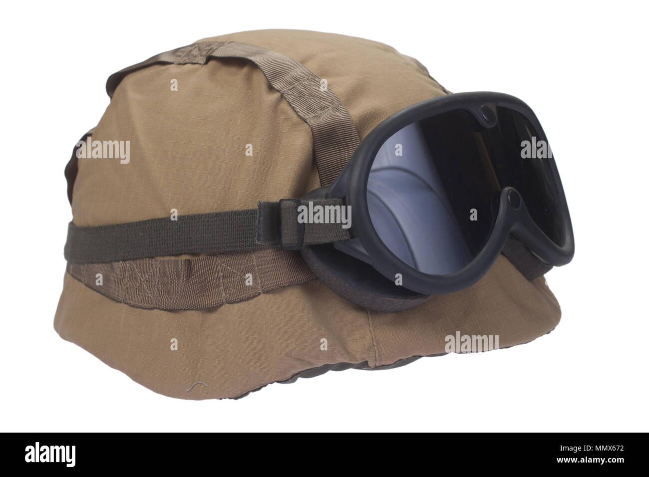 kevlar helmet with camouflage cover and protective goggles Stock Photo ...