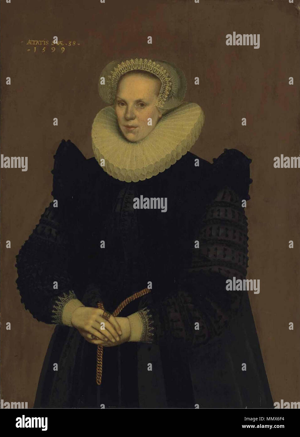 . English: Portrait of a Lady in a black gown and white cap and ruff ...