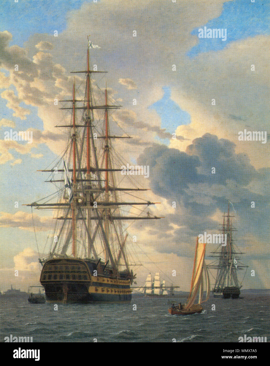 . English: A russian manowar anchoring at Elsinore. Painted 1828. (The ...