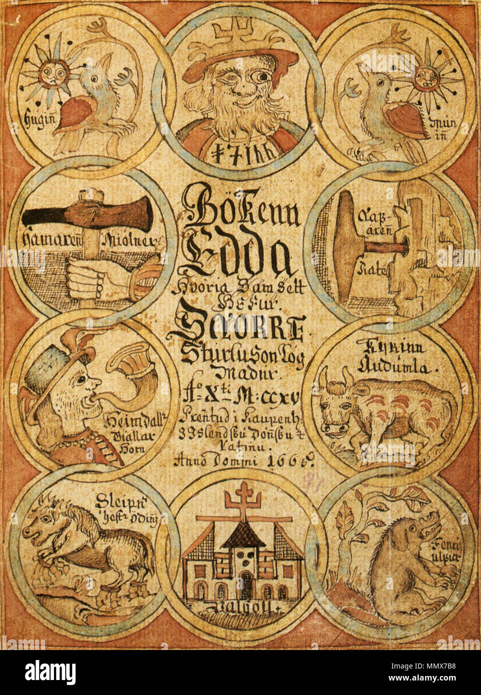 . English: Title page of a manuscript of the Prose Edda, showing Odin ...