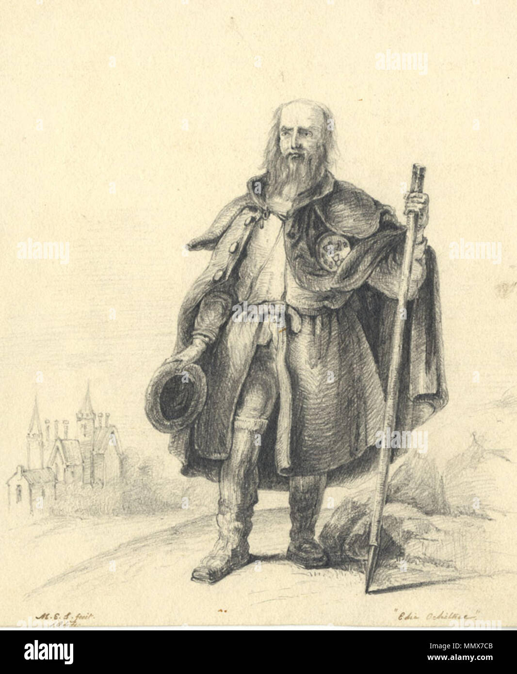 . Graphite drawing of Edie Ochiltree, a character in Walter Scott's ...