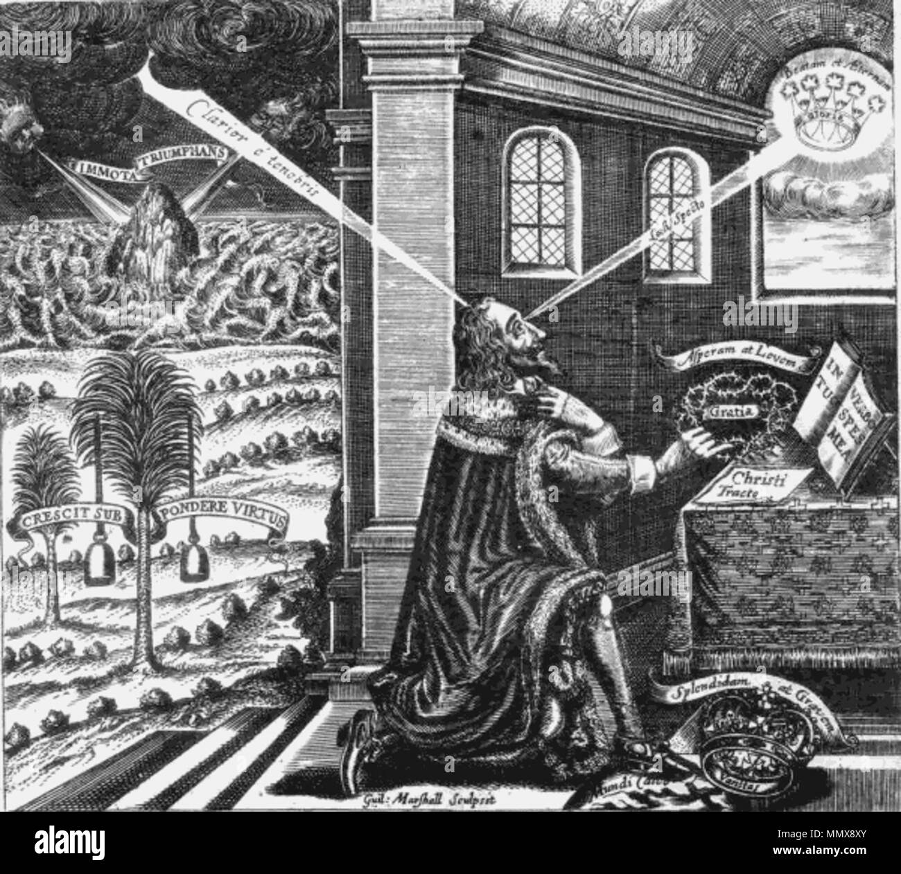 . Allegorical frontispiece to Eikon Basilike, depicting King Charles I ...