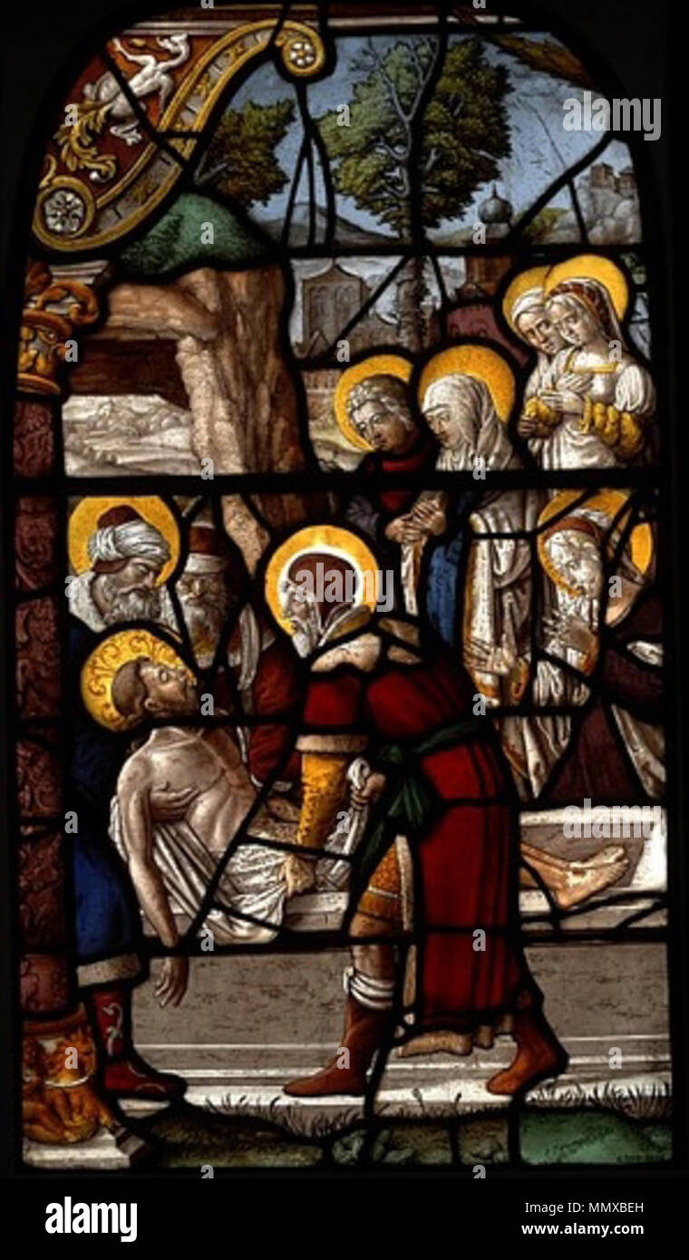 . English: Entombment of Christ, stained glass panel from Steinfeld ...