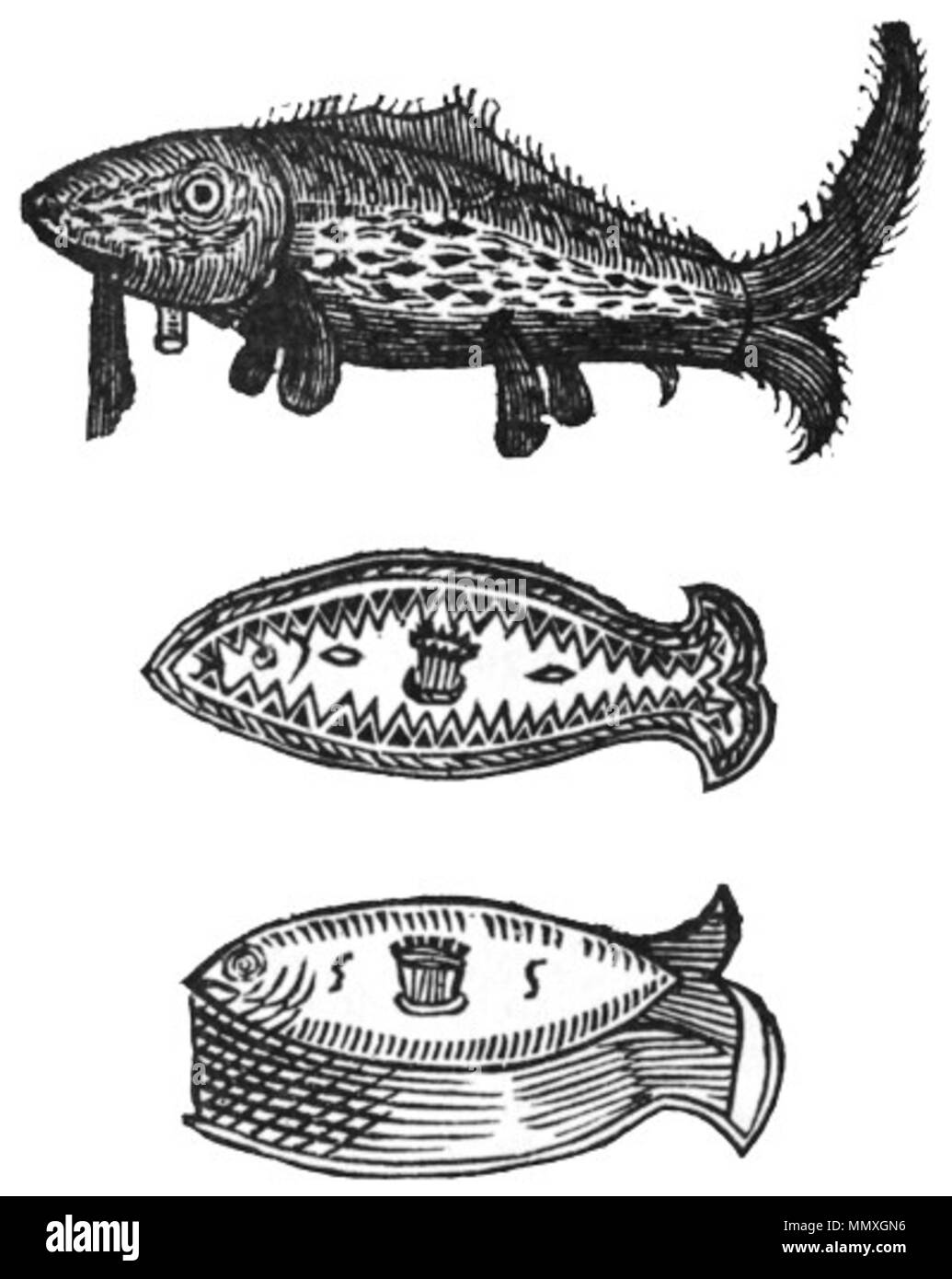 . English: Engraving of fish pie from Robert May's The Accomplisht Cook ...