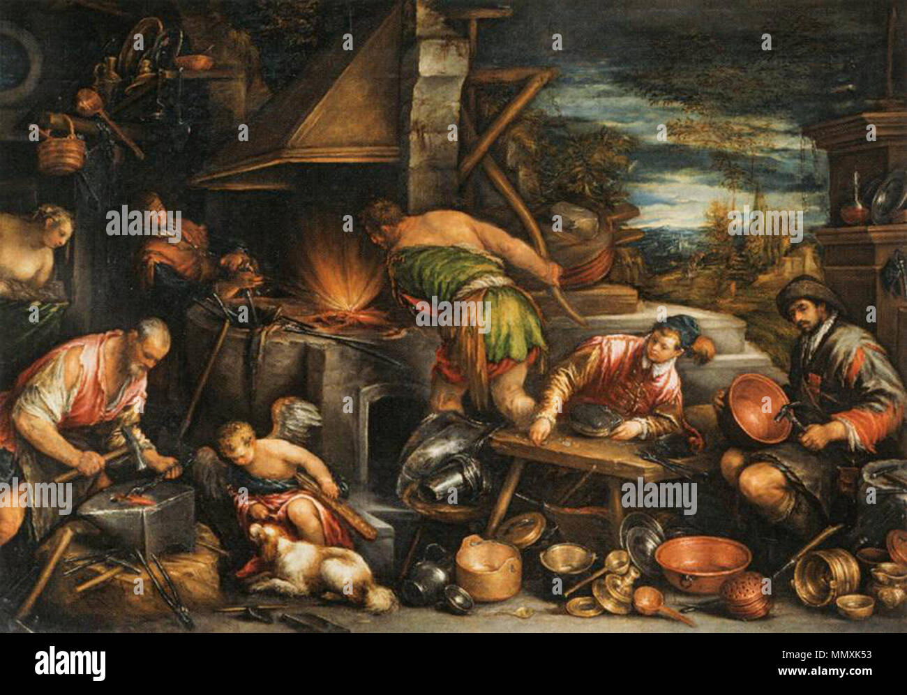 English: The Forge of Vulcan . circa 1577. Francesco Bassano the ...