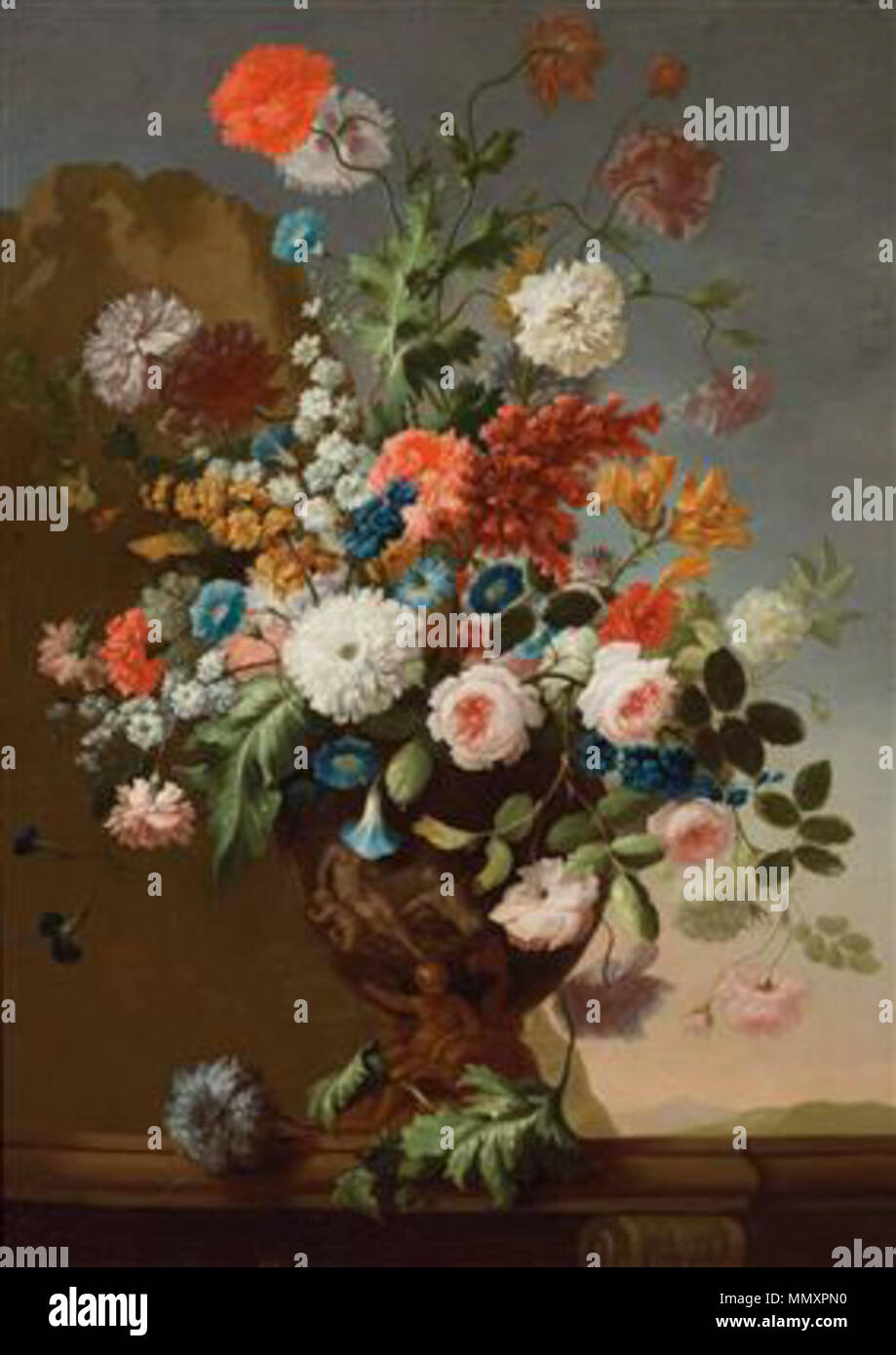 English: A still life of flowers with carnations, roses, lilies, and ...