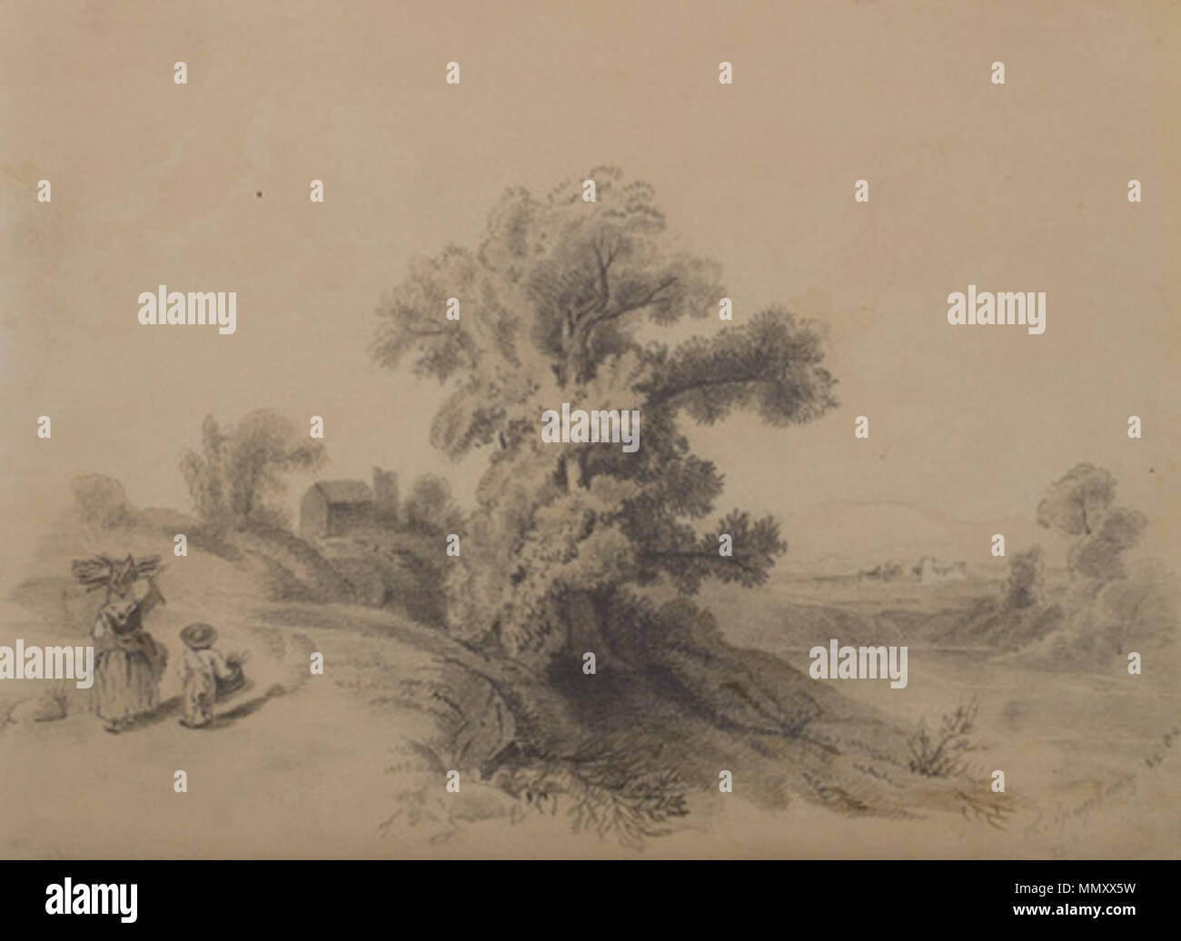 English: Landscape with women and child figures