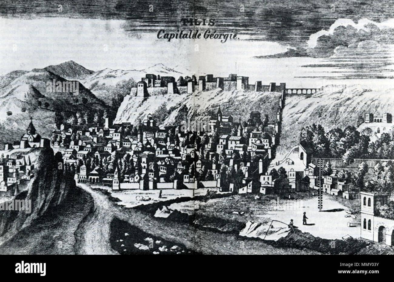 . English: General view of Tiflis. Engraved by Tournefort in 1701 ...