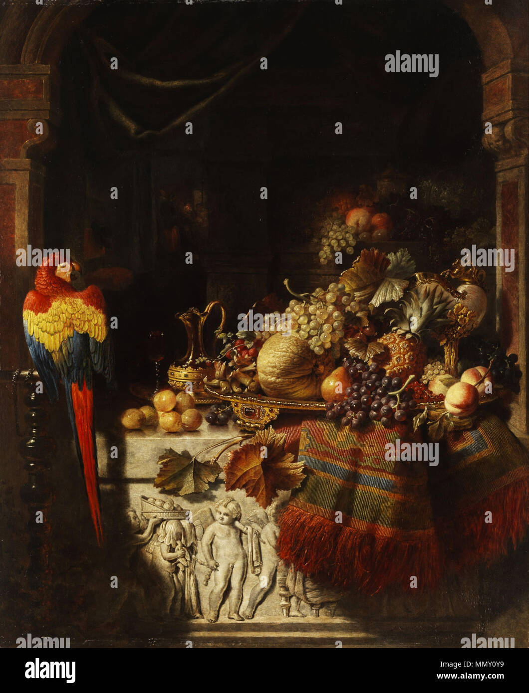 Still life with fruits and parrot.. 19th century. George lance ...