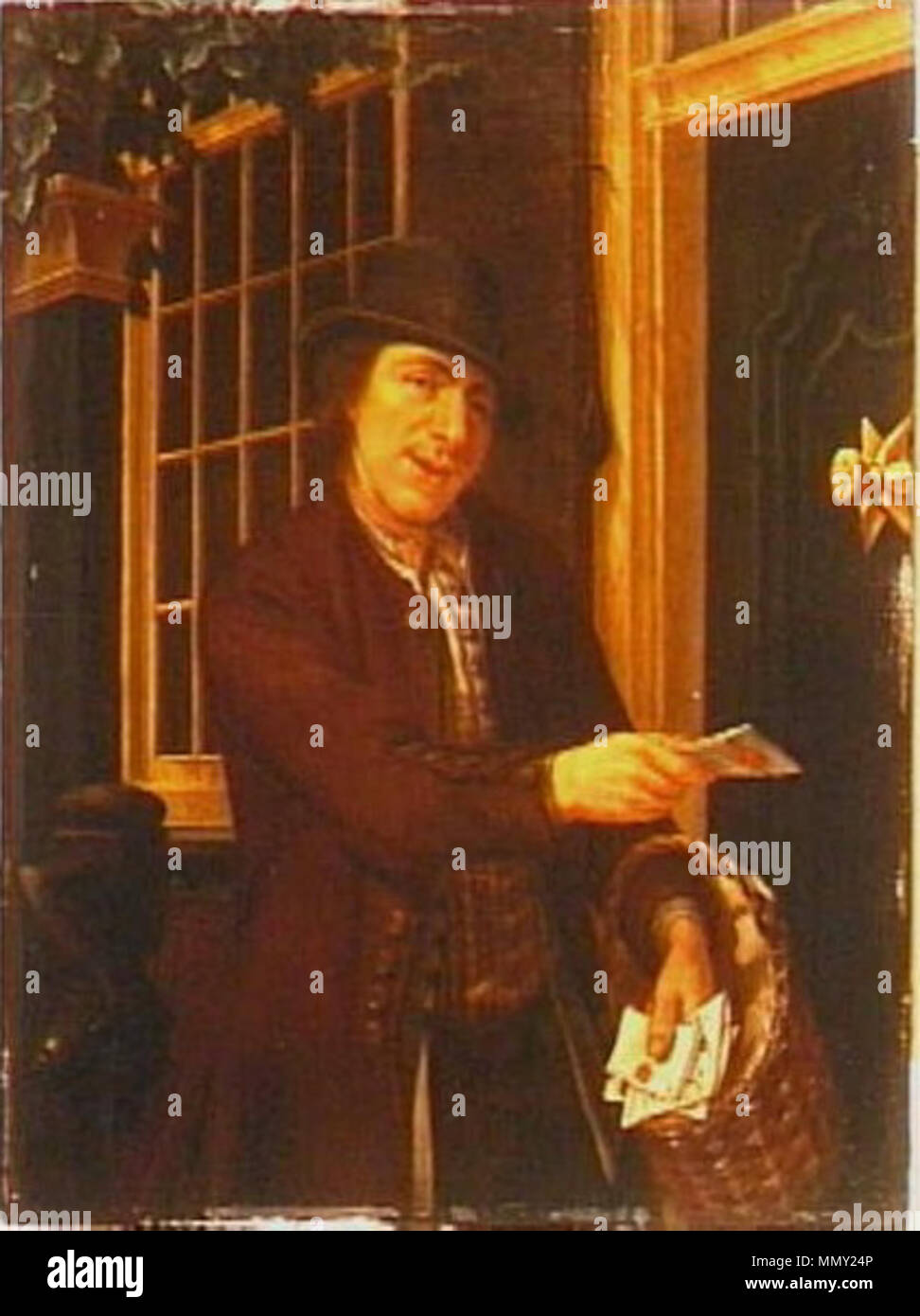 . Pair of news deliverers English: Postman in front of a house ...