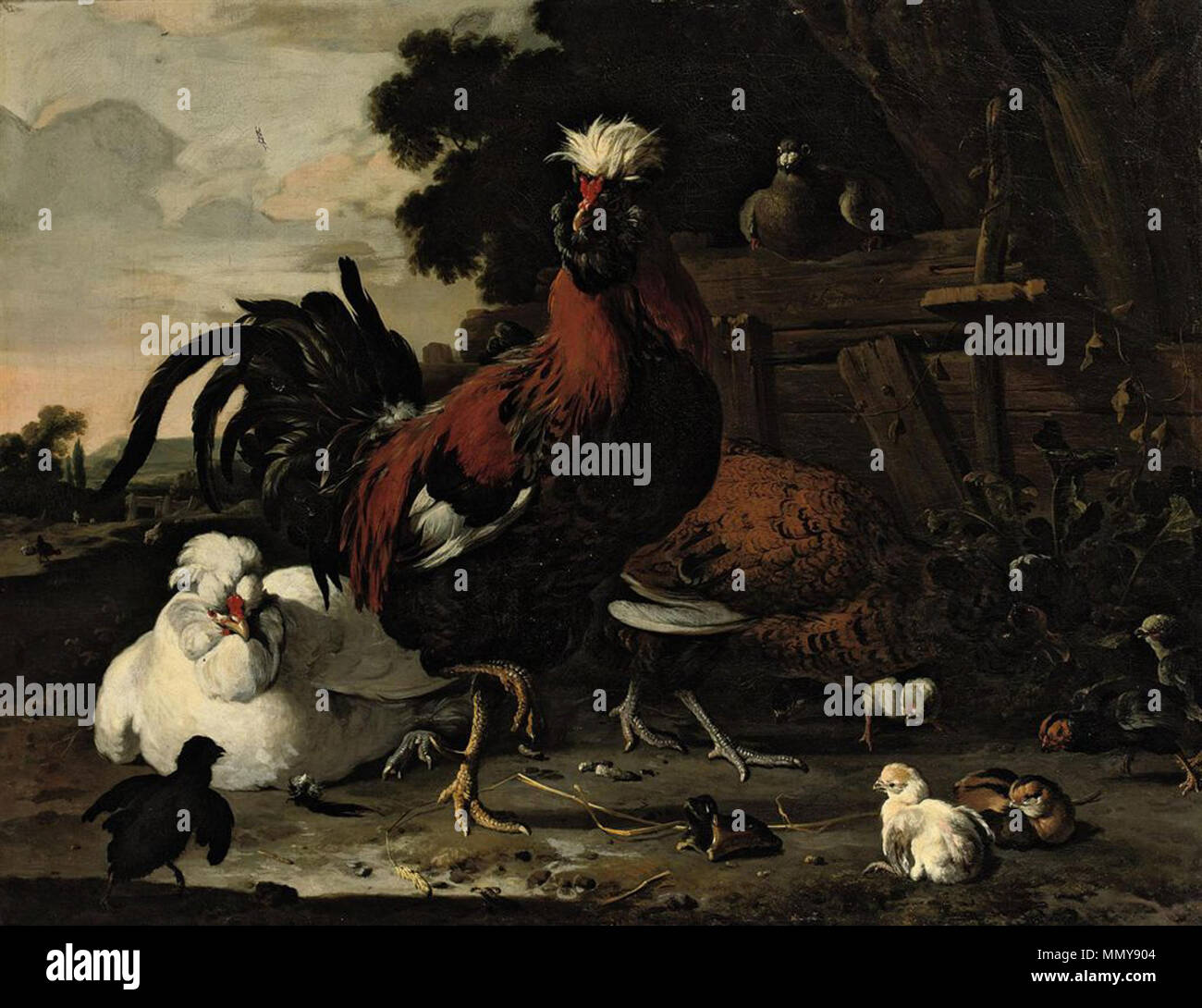 . English: A rooster, hens, chicks and a pigeon near a wood paling in a ...