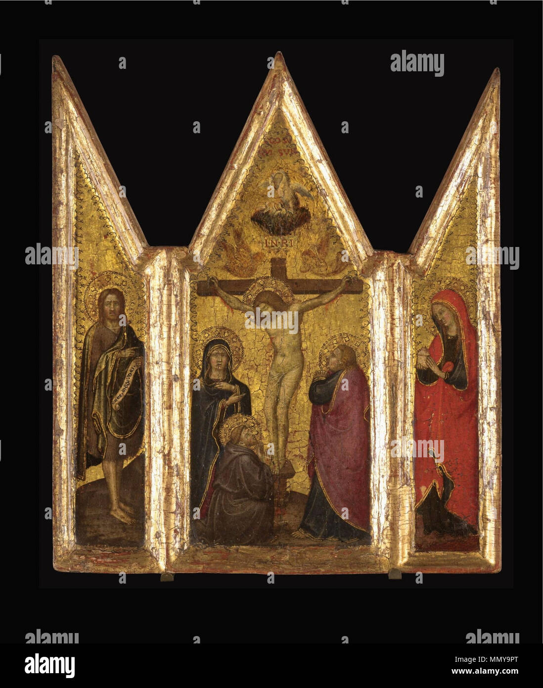 . English: Gregorio di Cecco A TRIPTYCH THE CRUCIFIXION WITH SAINT FRANCIS OF ASSISI, FLANKED BY ...